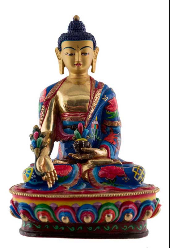 Statue tibétaine Bouddha de la Médecine 20 cm cuivre doré peint Nepal 2890