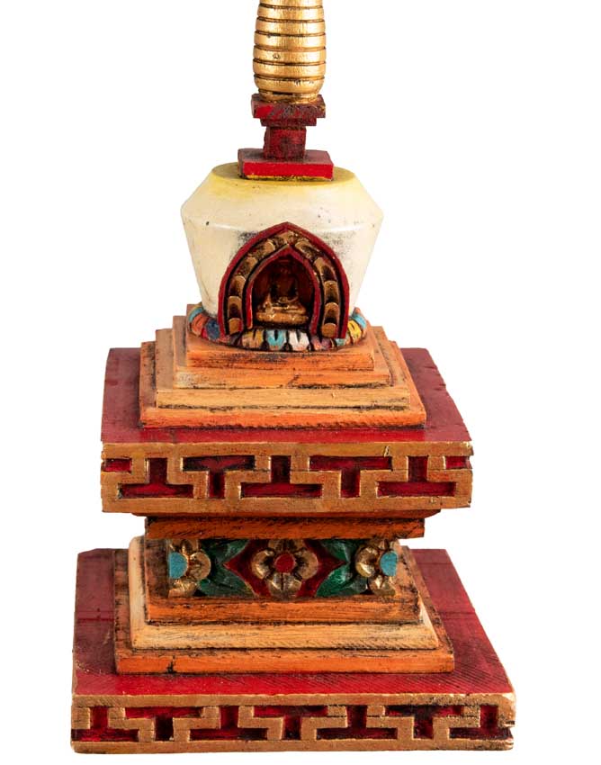 Statue Stupa Bouddha Médecine Bois Peint Népal 24cm