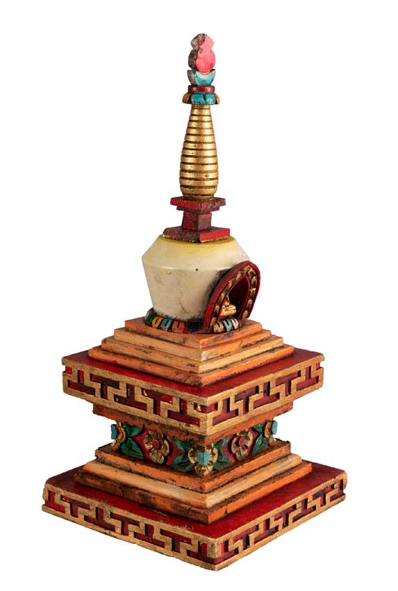 Statue Stupa Bouddha Médecine Bois Peint Népal 24cm