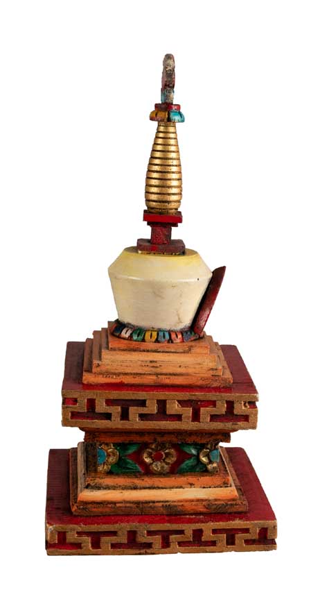 Statue Stupa Bouddha Médecine Bois Peint Népal 24cm