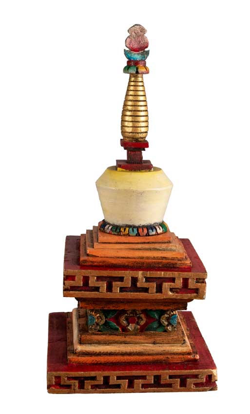 Statue Stupa Bouddha Médecine Bois Peint Népal 24cm
