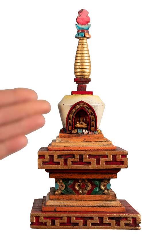 Statue Stupa Bouddha Médecine Bois Peint Népal 24cm