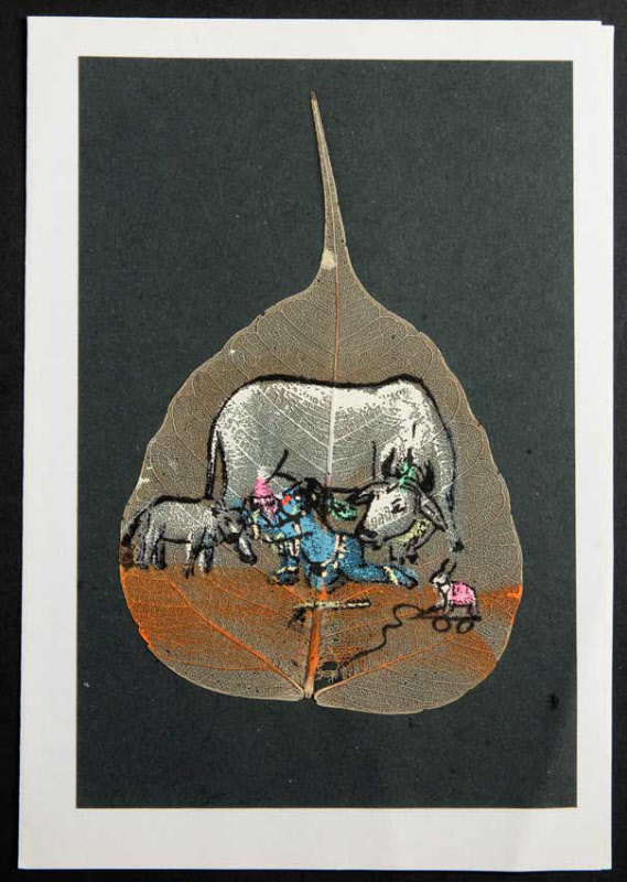 Carte Artisanale Shiva et Gao Mata sur Feuille Pipal