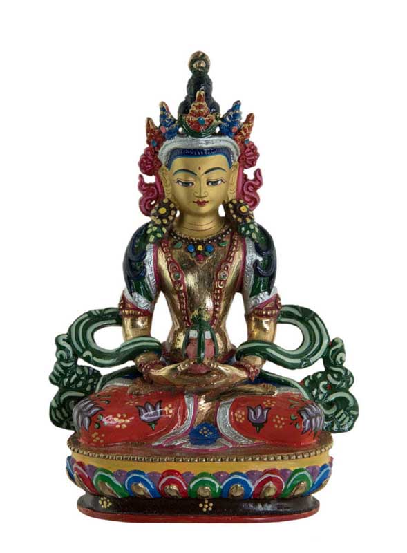 Statue tibétaine Bouddha Amitayus 14 cm cuivre doré peint Patan Nepal 1087