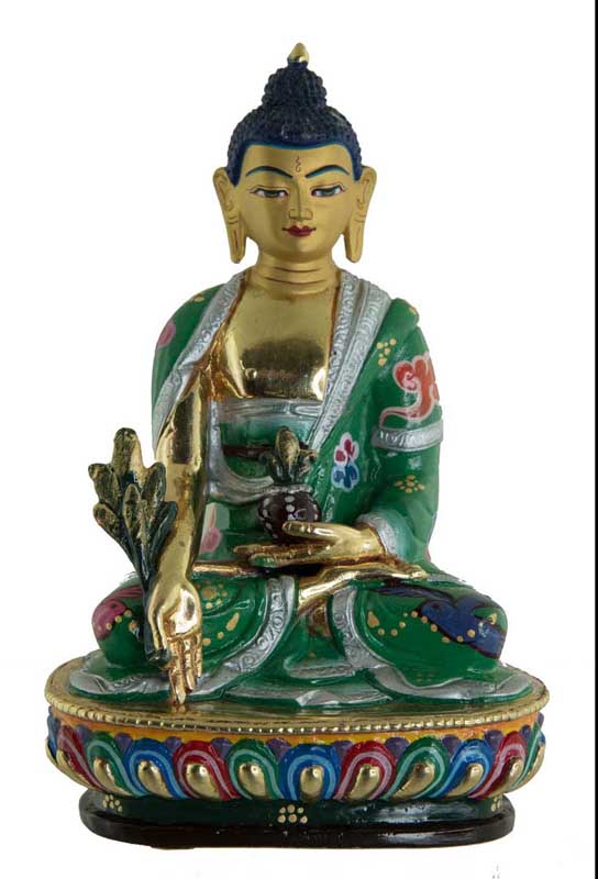 Statue tibétaine Bouddha de la medecine 14 cm cuivre doré peint Nepal 8982