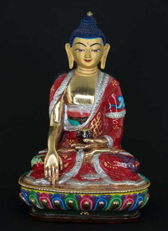 Statue tibétaine Bouddha Shakyamuni 14 cm cuivre doré peint Nepal 1101