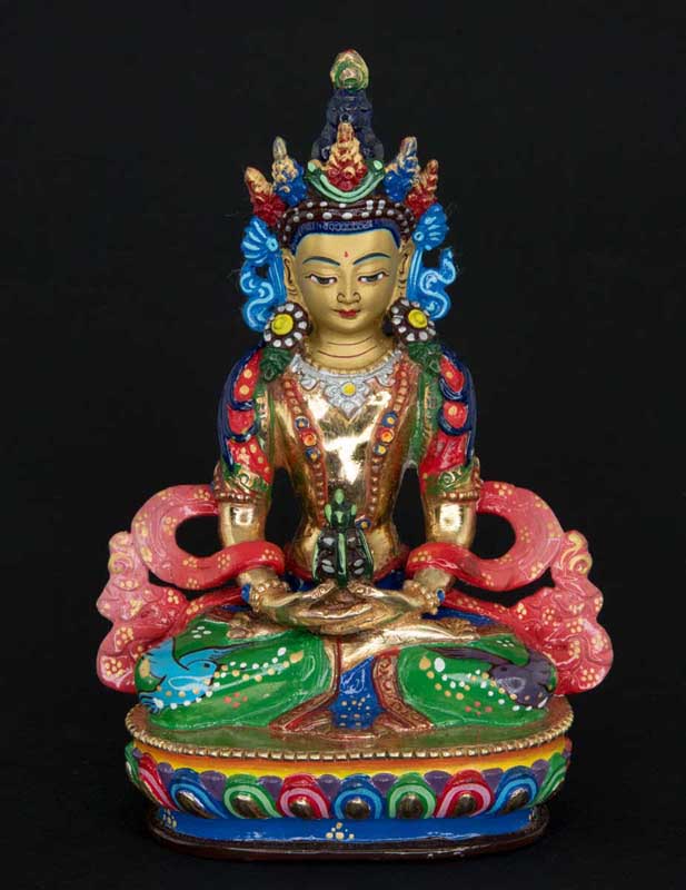 Statue tibétaine Bouddha Amitayus 14 cm cuivre doré peinte Patan Nepal 9158