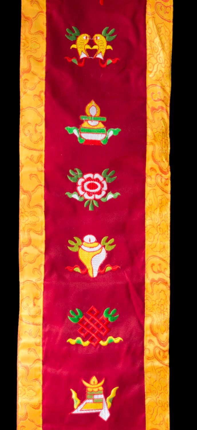 Bannière tibétaine brocart broderie symboles Astamangala jaune102x20cm ...
