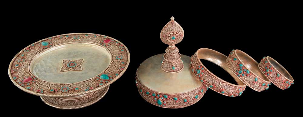 Set offrande Mandala tibétain Univers Cosmos cuivre filigrane Ø 25 cm Nepal