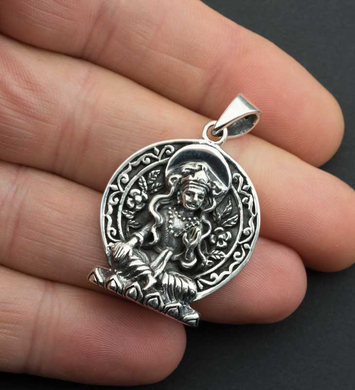 Green Tara verte Pendentif Bouddhiste Argent massif 925 21g Tibet 5649