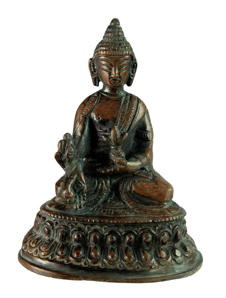 Statue bouddha médecine - 10 cm 400g Laiton Patine brune - Népal - Bouddhiste 759