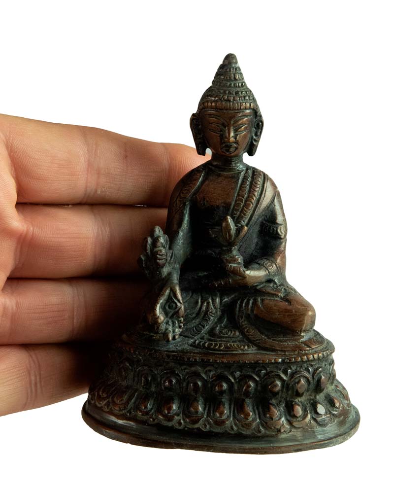 Statue bouddha médecine - 10 cm 400g Laiton Patine brune - Népal - Bouddhiste 759