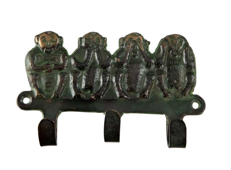 Patère Porte-serviettes 4 Singes de la Sagesse en Laiton à Patine Verte ...