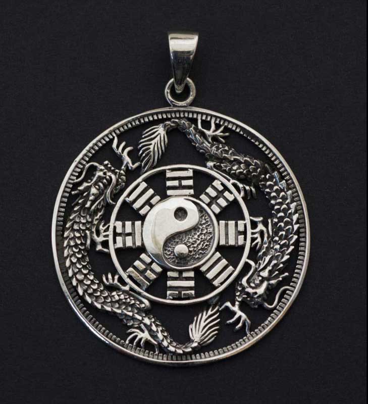 Pendentif Yin Yang Dragon Phoénix I-Ching Feng shui Argent massif 925 ...