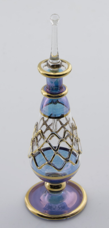 Flacon fiole a parfum huile verre soufflé d' Egypte 14cm bleu doré CA10 ...