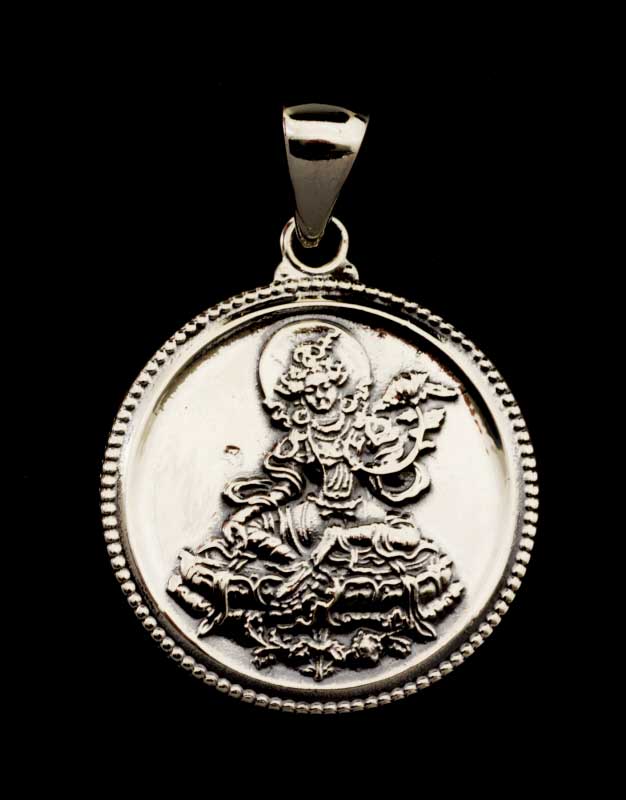 Medaille Pendentif tibetain Green Tara mantra Argent massif 925 9g Tibet