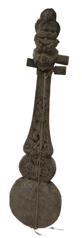 Ancien Luth Dranyen Tungna Népalais 68cm Sculpté