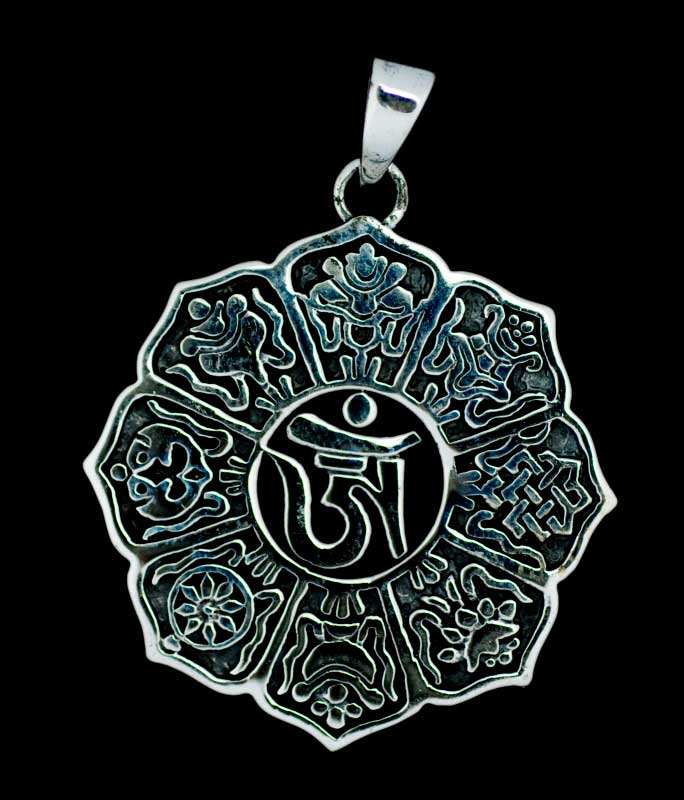 Pendentif Bouddhiste Astamangala et Om tibétain Argent 925, 8.5g