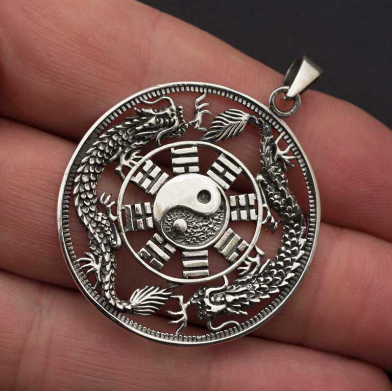 Pendentif Yin Yang Dragon Phoénix I-Ching Feng shui Argent massif 925 ...