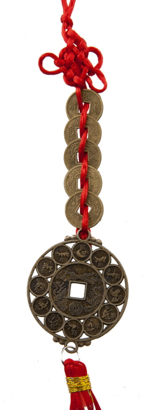 Talisman Feng Shui avec sapeques ou pieces chinoises et horoscope