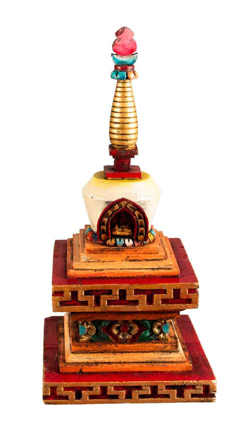 Statue Stupa Bouddha Médecine Bois Peint Népal 24cm